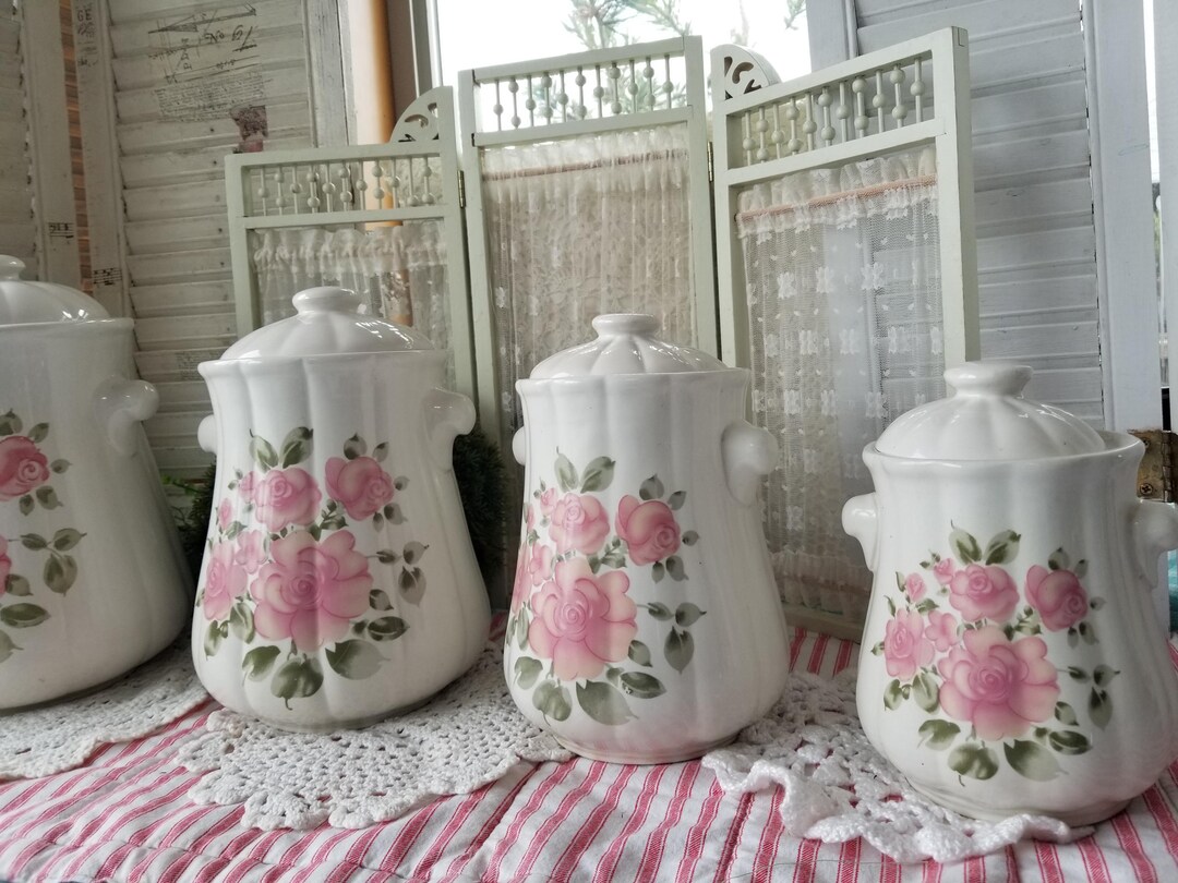 Set of 4 Vintage Cottage Core Pink White Ceramic Canisters. These Sweet ...