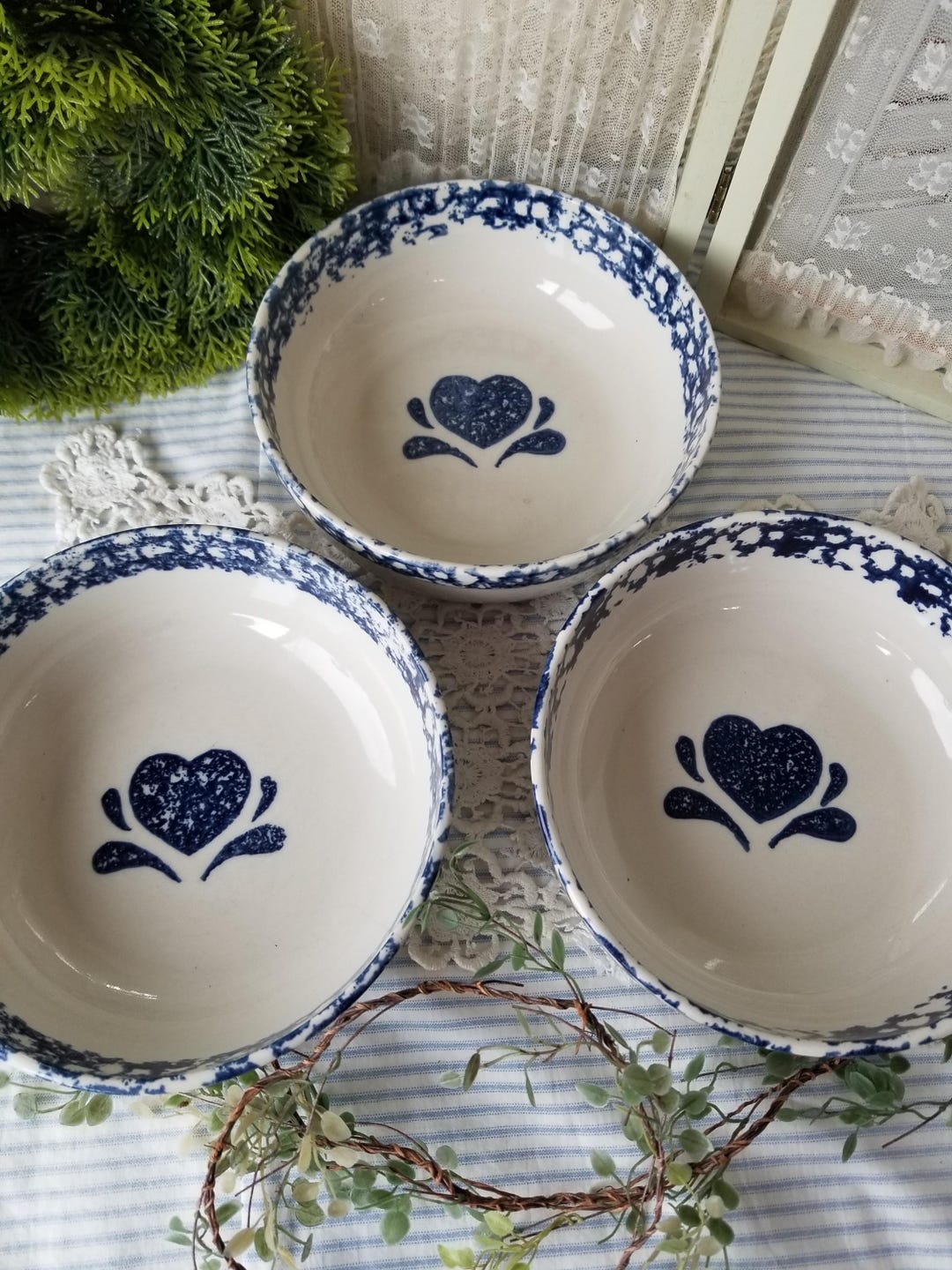 Sweet Set of 3 Farmhouse Blue and White Bowls. Each of These 3 Vintage ...