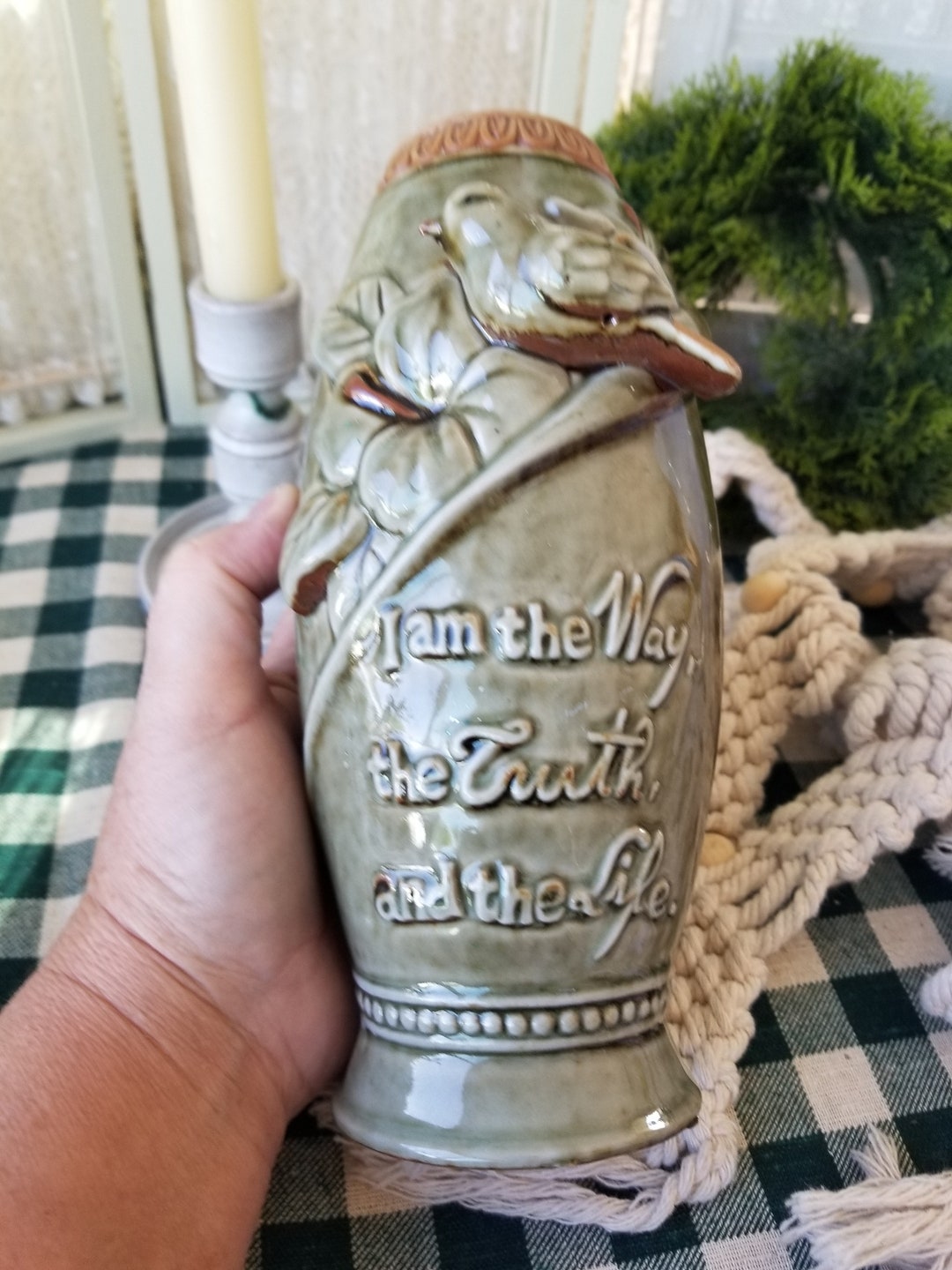 Beautiful Serene Muted Green Pottery Flower Vase. This Christian Themed ...