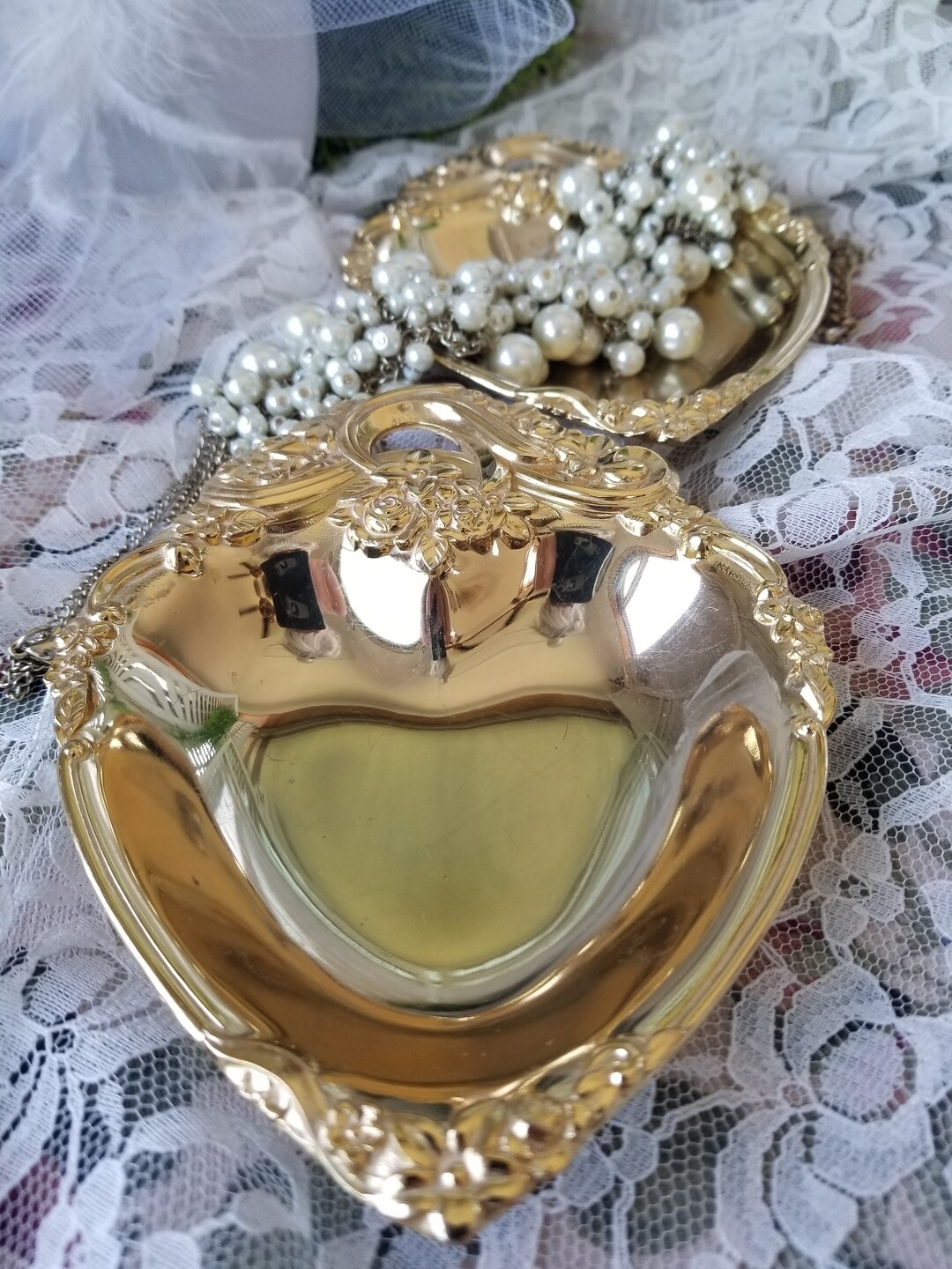 Pair of Beautiful and Gleaming Gold Heart-shaped Trinket Dishes. These ...