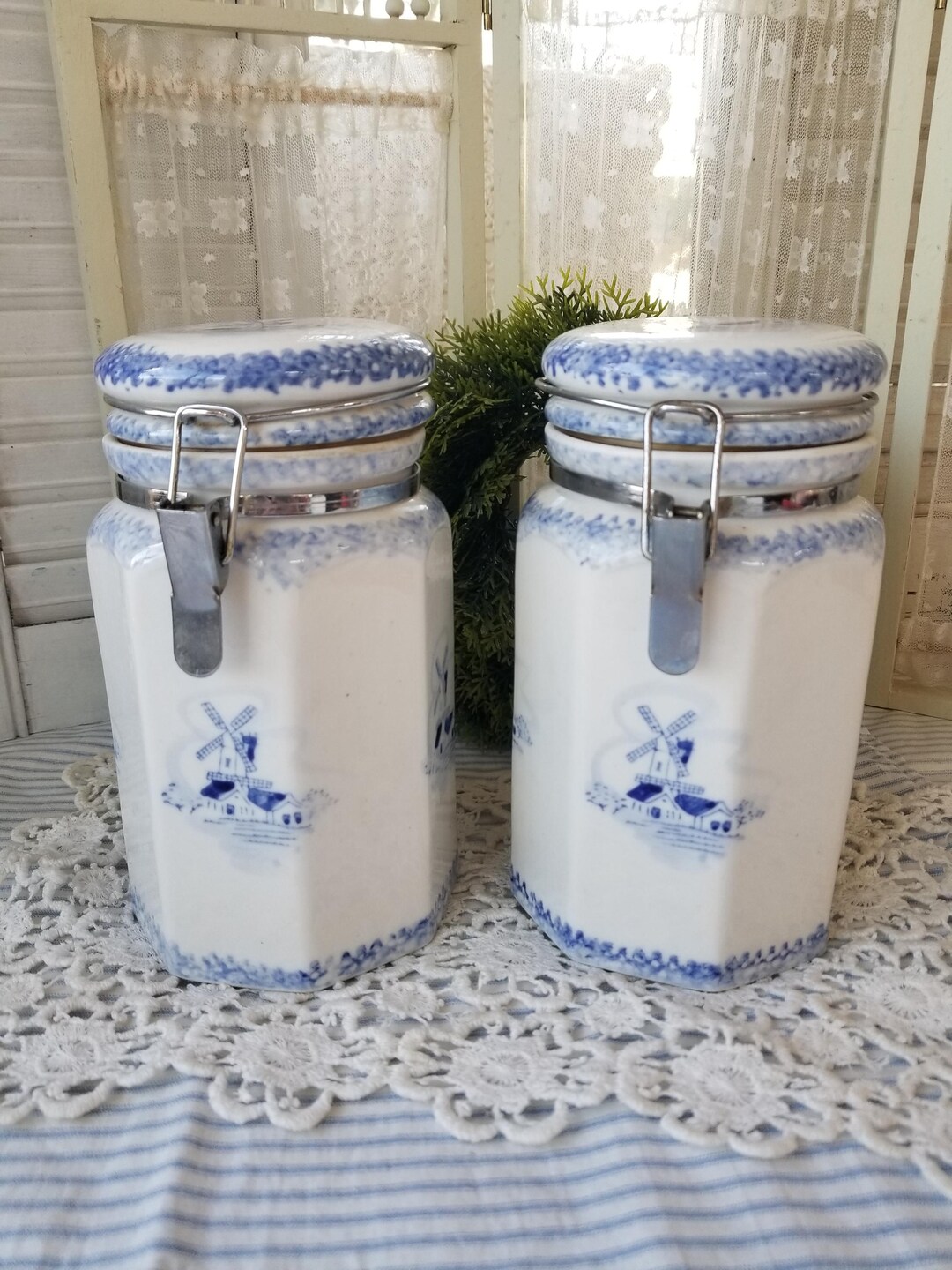 Beautiful Pair of Delft Blue Ceramic Canisters With Swing Lids. These ...