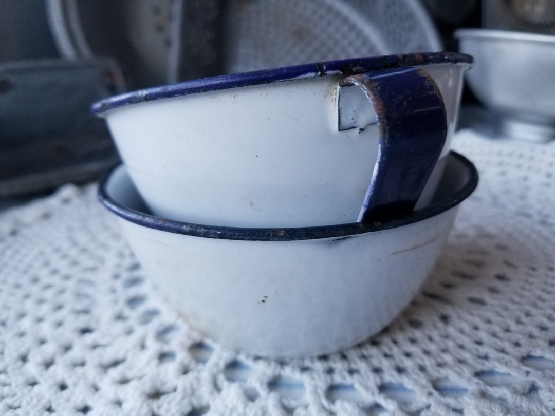 Pair of Primitive Blue and White Enamelware Drinking Cups. These Two ...