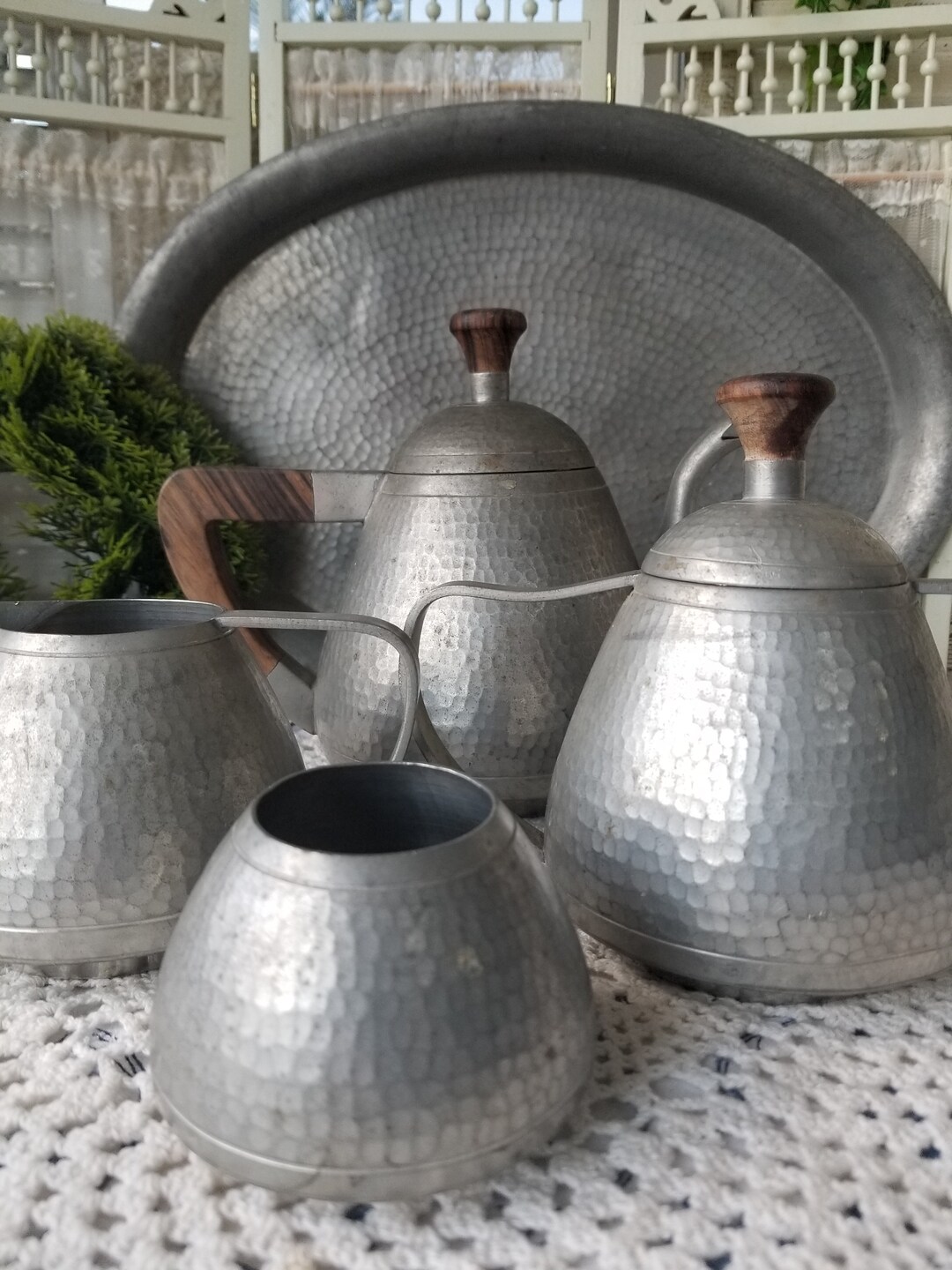 Rustic Hammered Pewter Tea Set With Oval Tray. These Vintage and ...