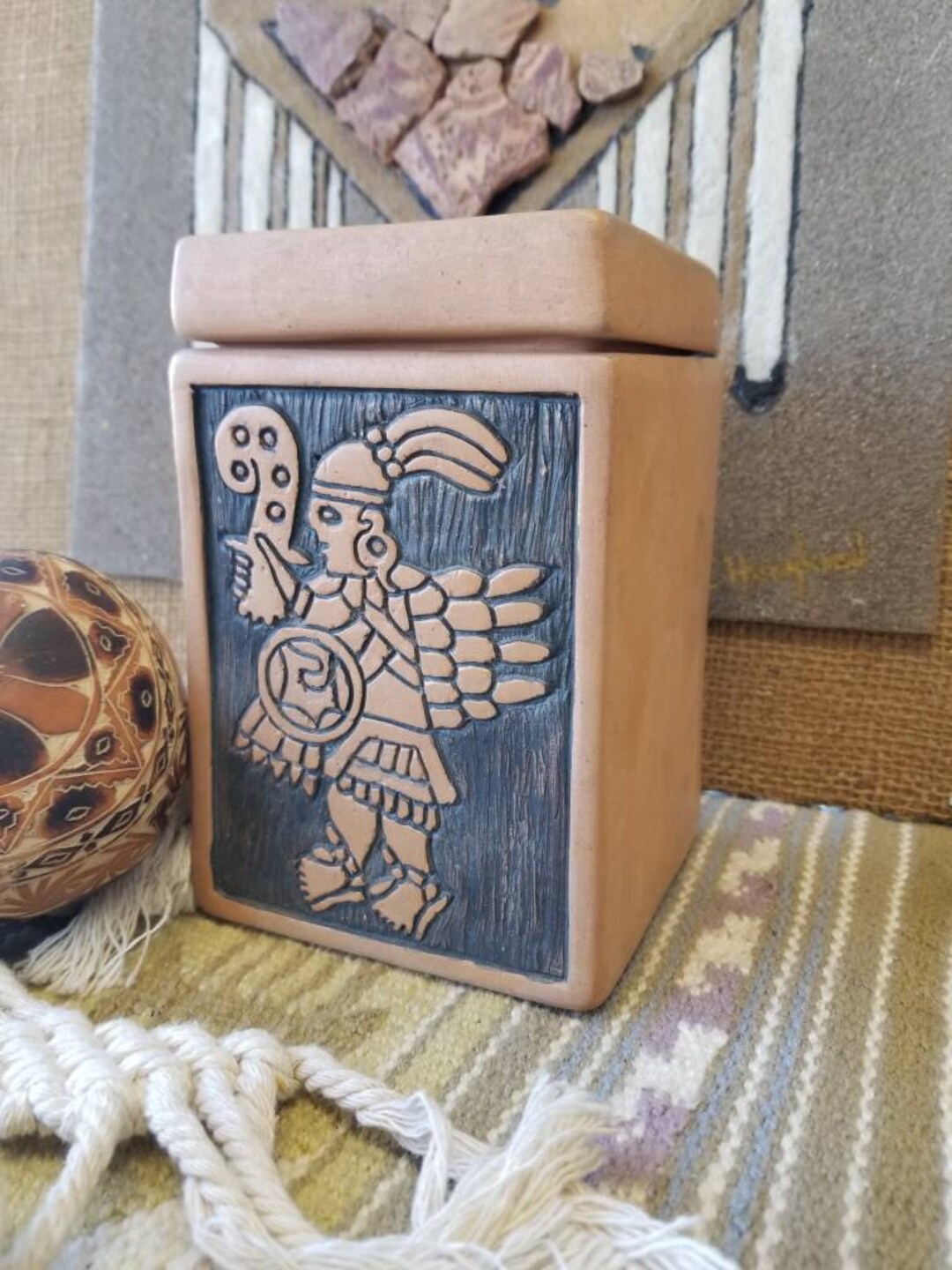 Intriguing Stoneware Box Featuring Mayan Images. This Rustic Mexican ...