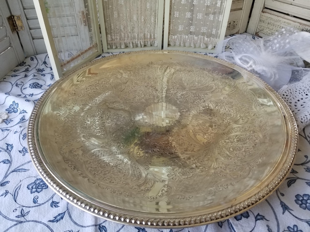 Gorgeous Huge Silver Plated Tray With Stamped Center. This Large Silver ...