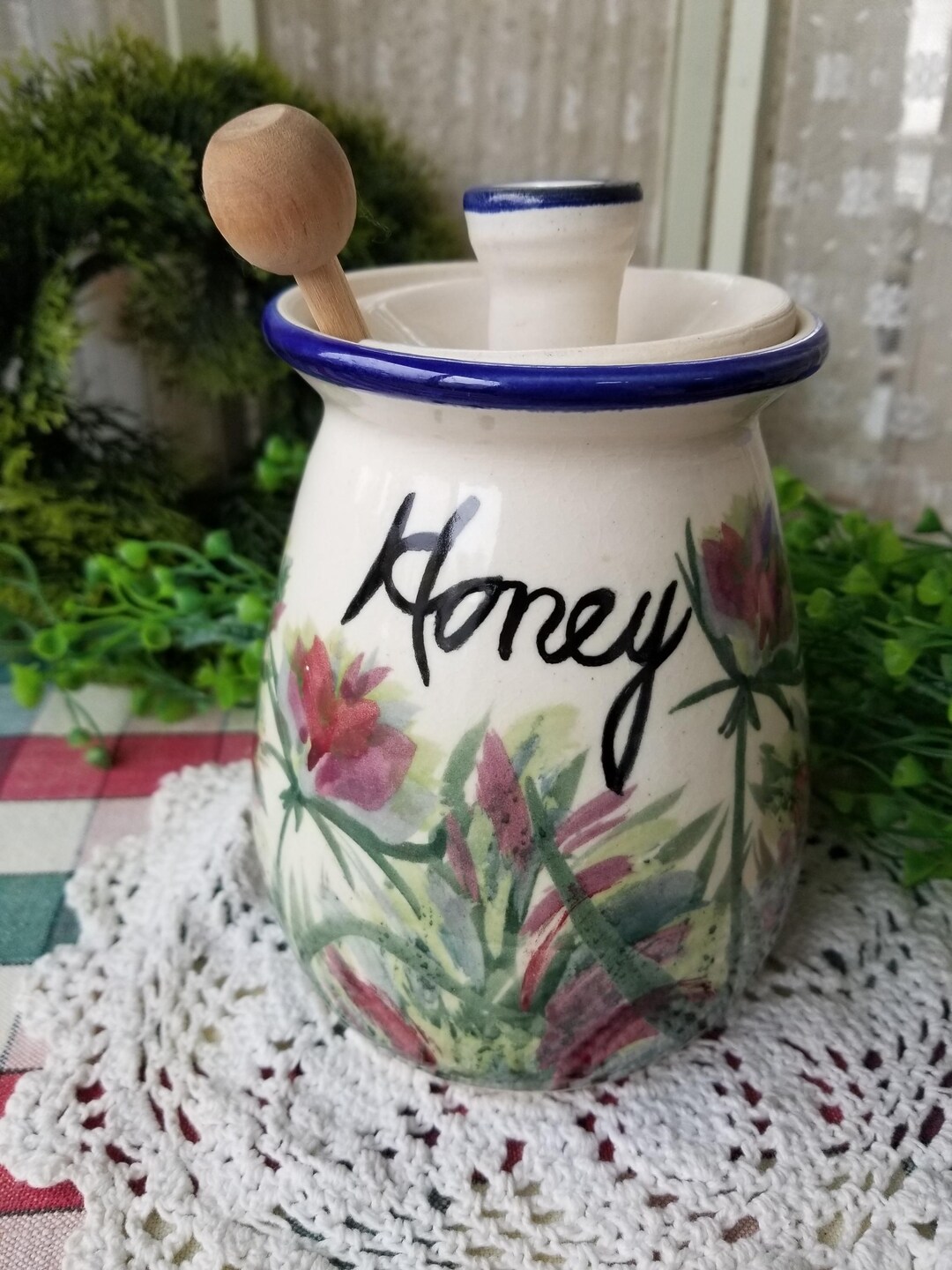 Charming Hand Painted Pottery Honey Pot. This Large Clover Adorned ...