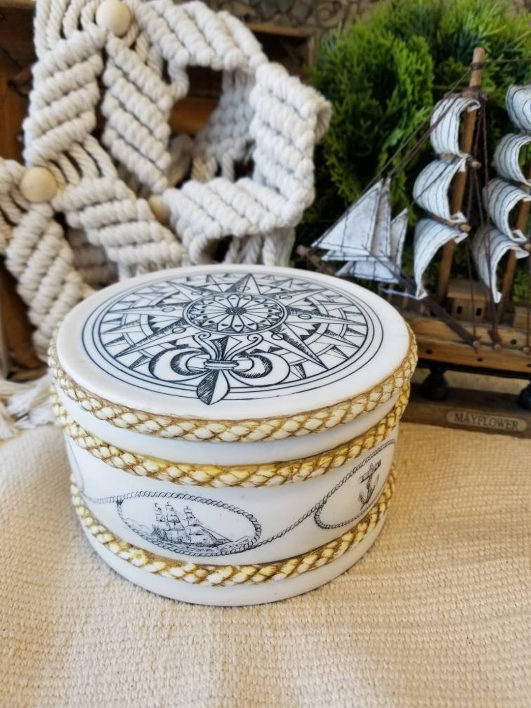 Charming Nautical Themed Trinket Box. This Heavy Round Lidded Melamine ...