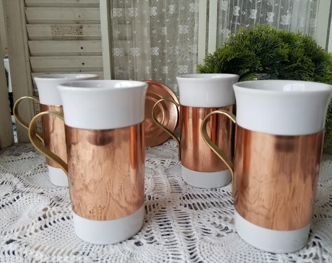 Set of 4 Vintage Copper Moscow Mugs With White Ceramic Insert. Each of ...