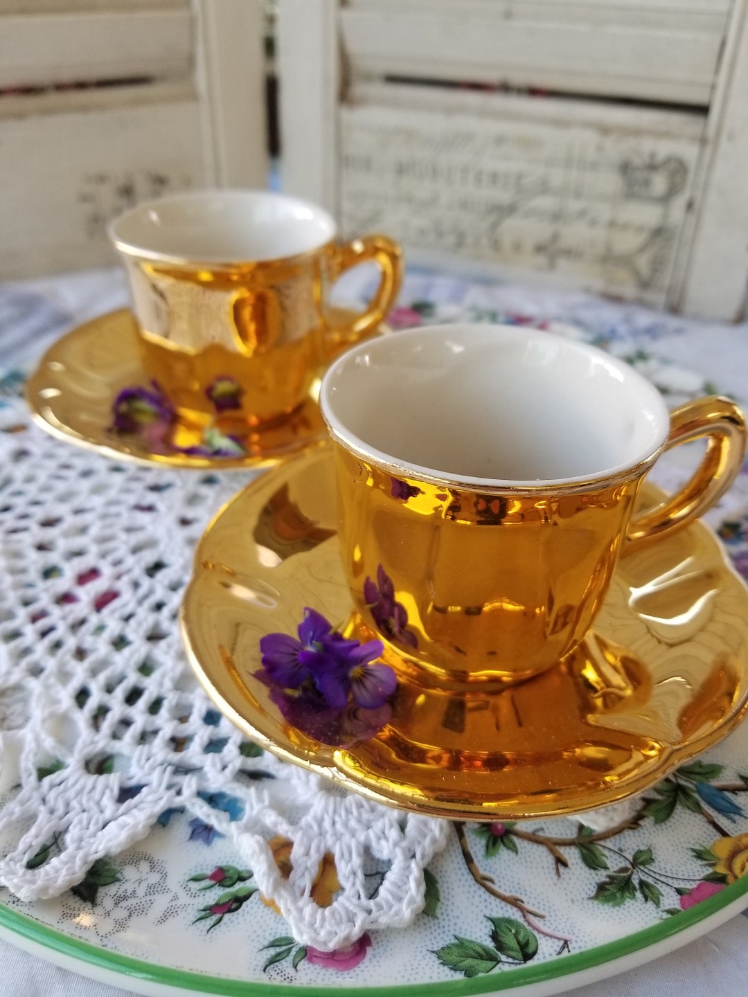 Pair of Absolutely Stunning 22 K Gold Teacups With Creamer and Sugar ...