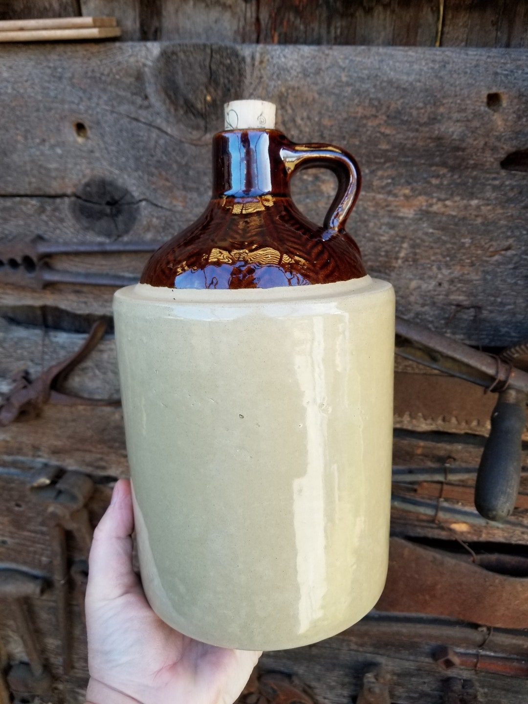 Rustic Farmhouse Stoneware Moonshine Jug. This Primitive Aged Two Toned ...