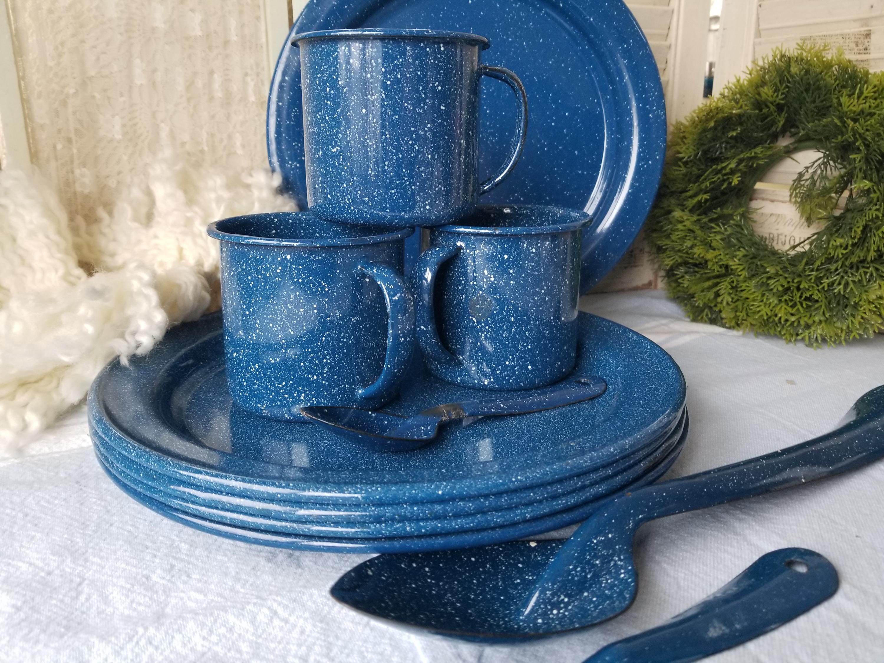 Eclectic Bundle of 13 Speckled Blue Enamelware Dishes. This Rustic ...