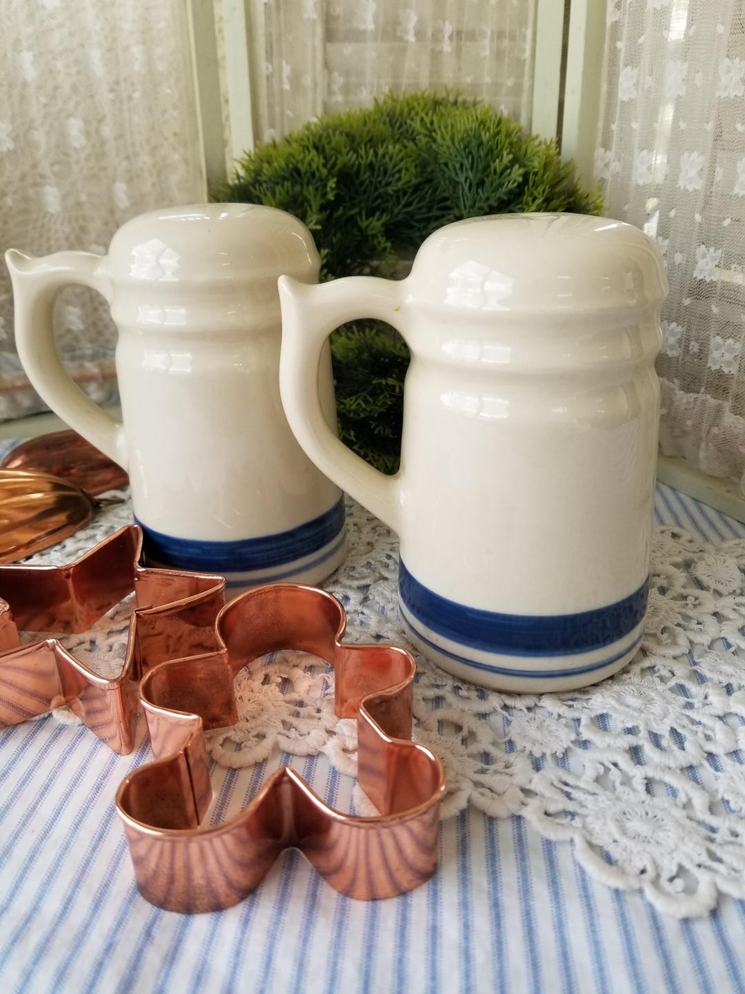 Pair of Farmhouse Blue Stripe Pottery Salt and Pepper Shakers. This ...