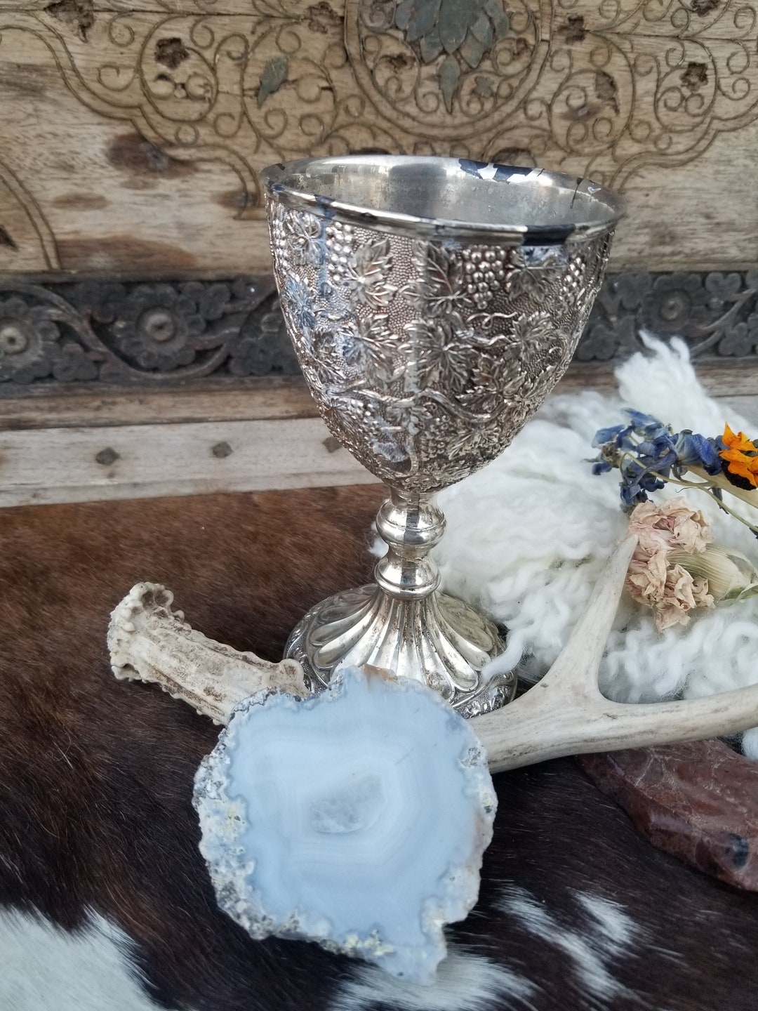 Single Enchanting Silverplated Chalice With Grapevines. This Heavy ...