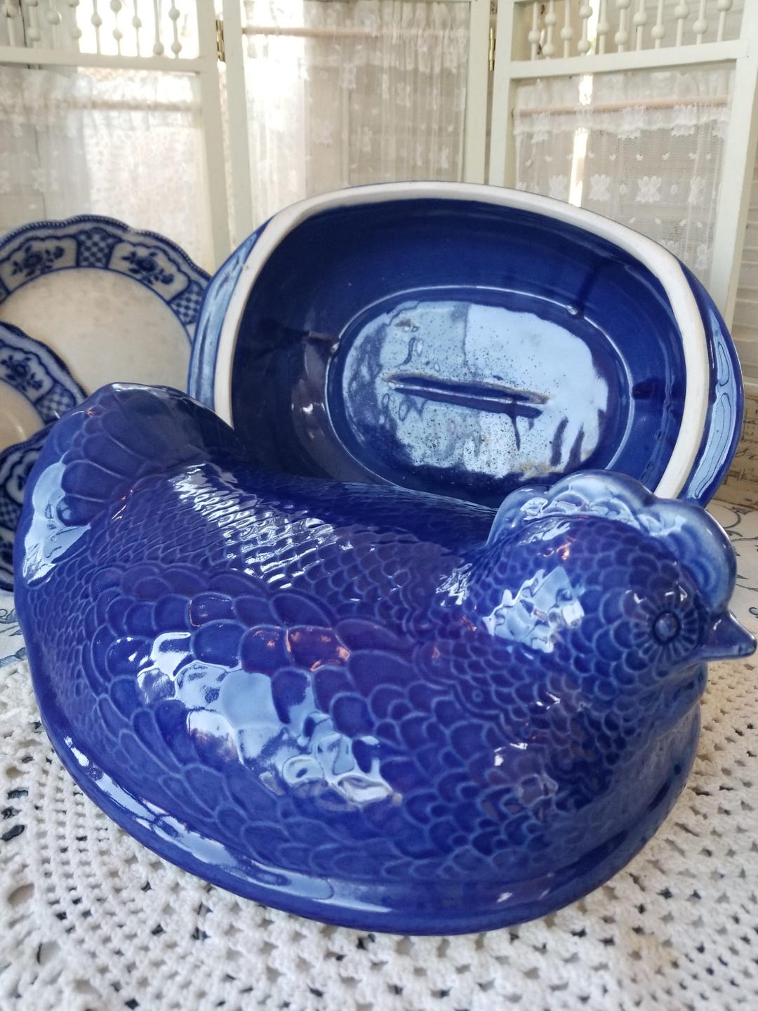 Fabulous Farmhouse Blue Ceramic Chicken Dish. This Charming Blue ...