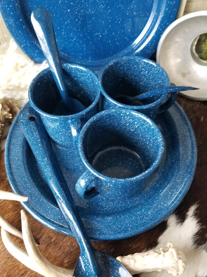 Eclectic Bundle of 13 Speckled Blue Enamelware Dishes. This Rustic ...