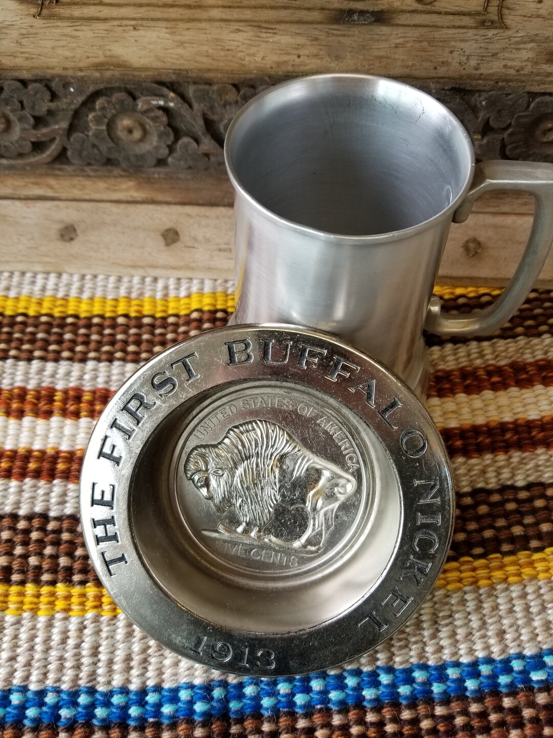The First Buffalo Nickel 1913 is the Focus of This Vintage Bottle Coaster. This Vintage Avon ...