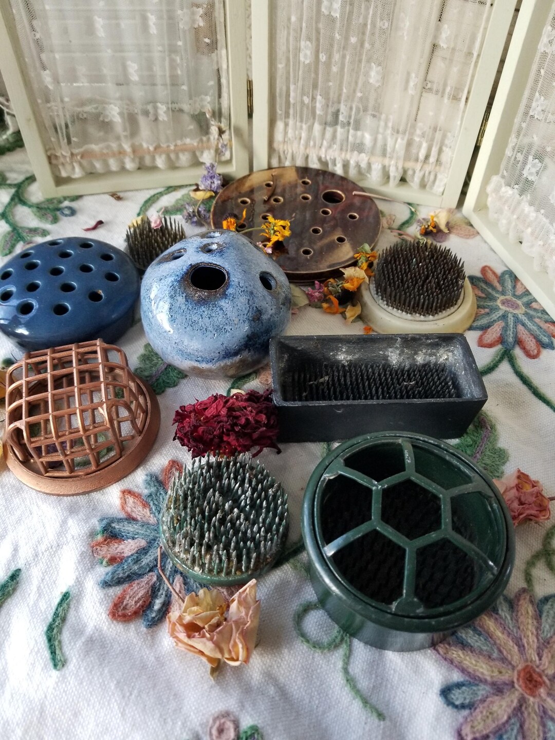 Variety of Pin Flower Frogs. Vintage Metal or Pottery Flower Frogs Are ...