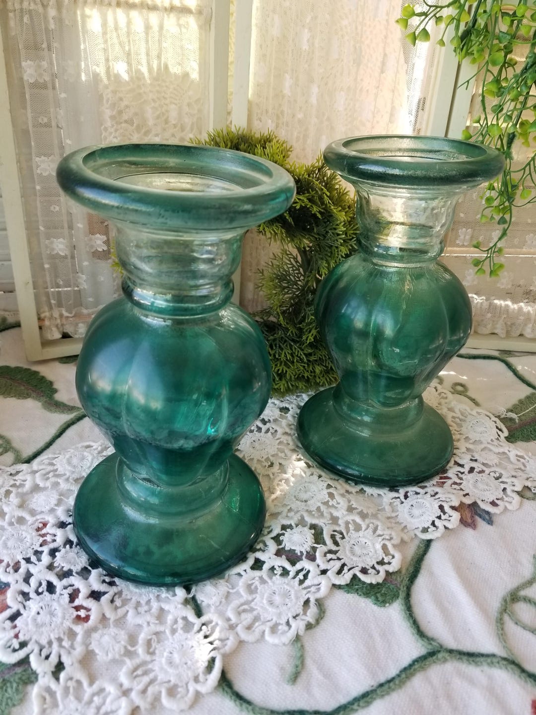 Gorgeous and Soothing Pair Sea Green Glass Candlesticks. These 2 Green ...