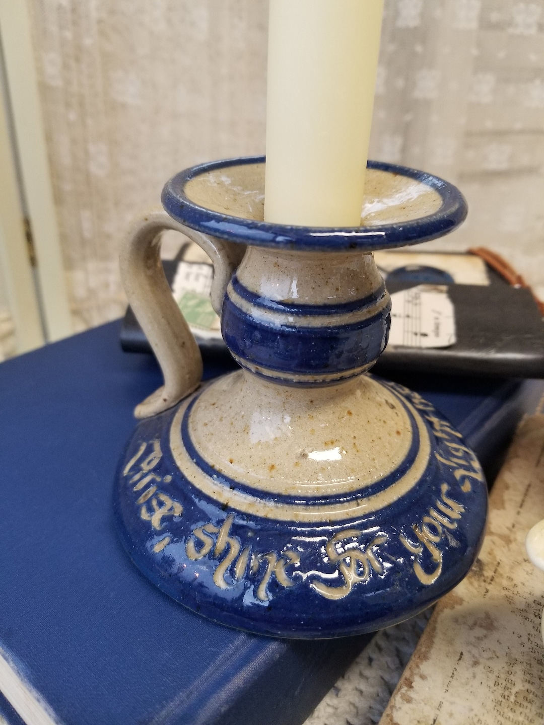 Impressive Blue and Sandstone Pottery Chamber Stick. This Gorgeous Cut ...