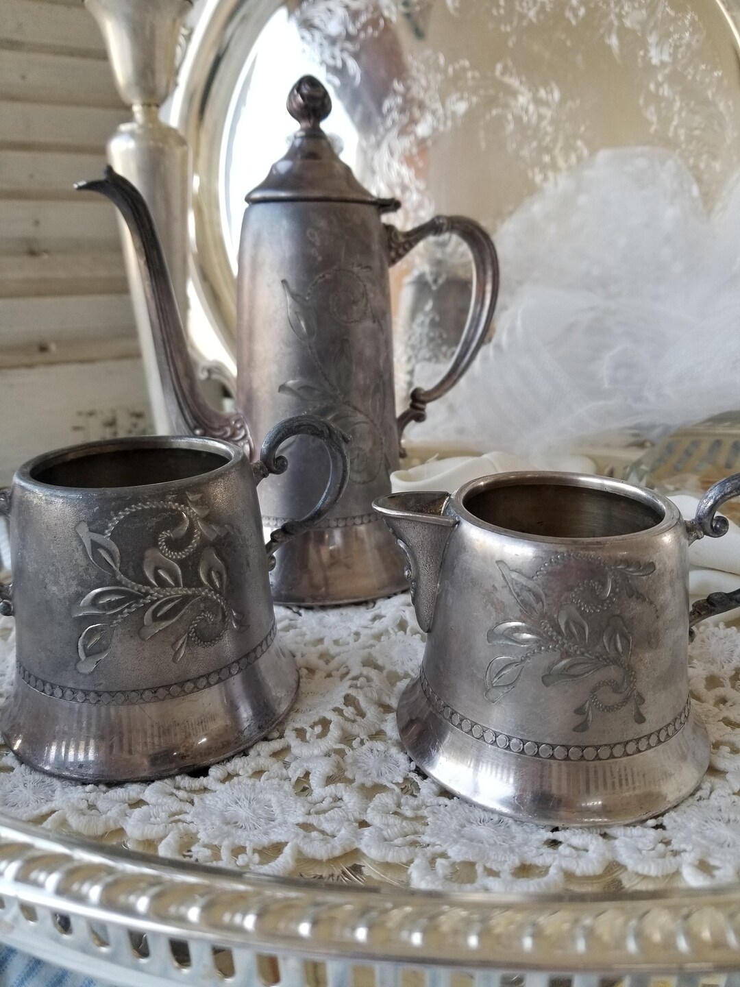 Antique Engraved Puritan Silver Coffee Pot, Creamer and Sugar Bowl ...