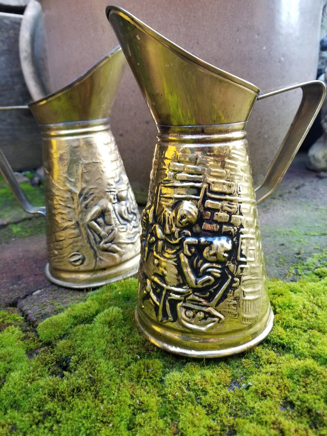 Charming and Provincial Old English Brass Repousse Pitcher. This ...
