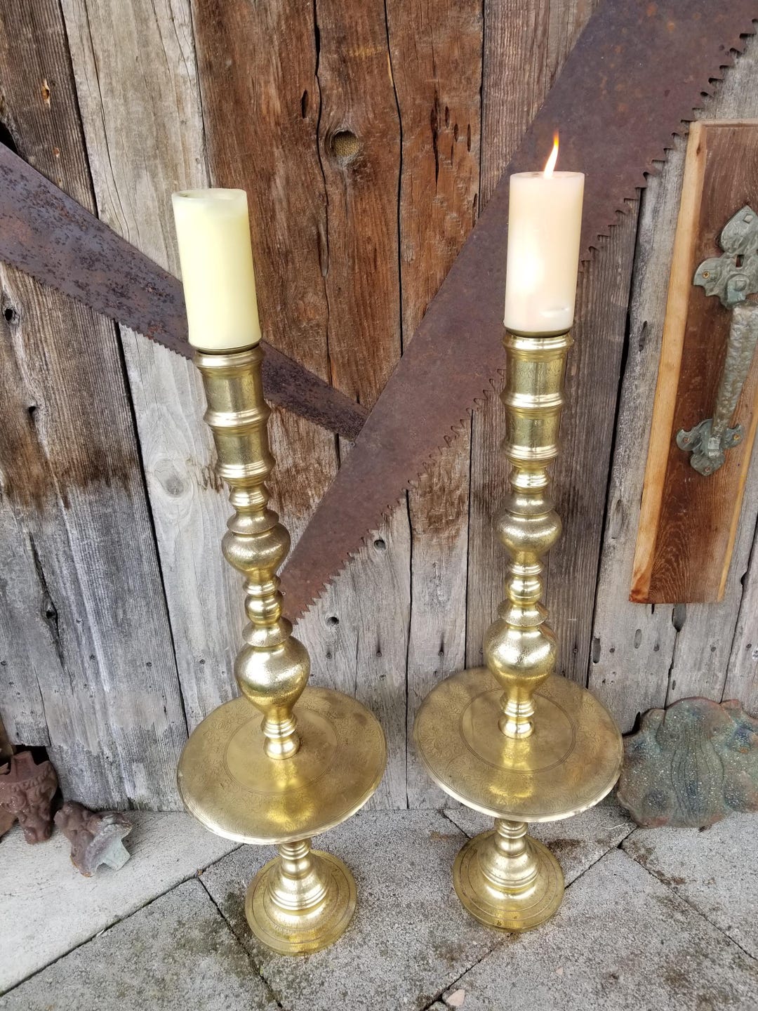 Pair of Magnificent 36-in Stamped Brass Moroccan Inspired Alter ...
