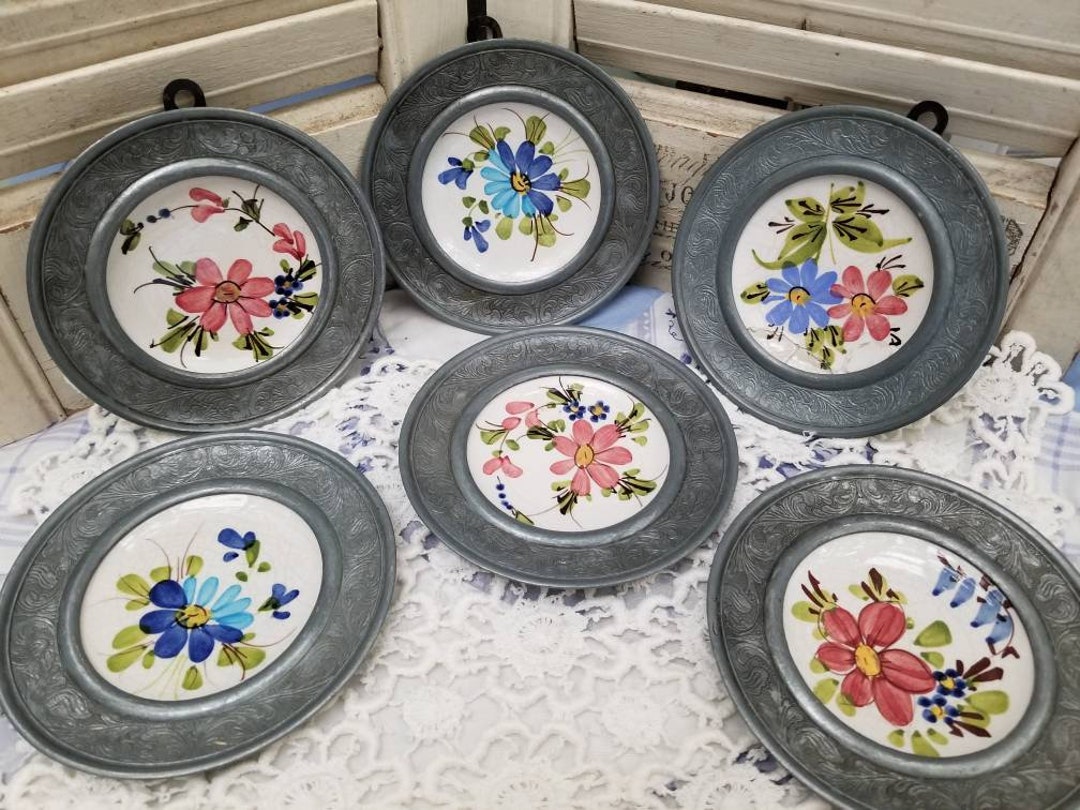 Lovely Set of 6 Vintage Italian Pottery Plates Framed in Ornate Pewter ...