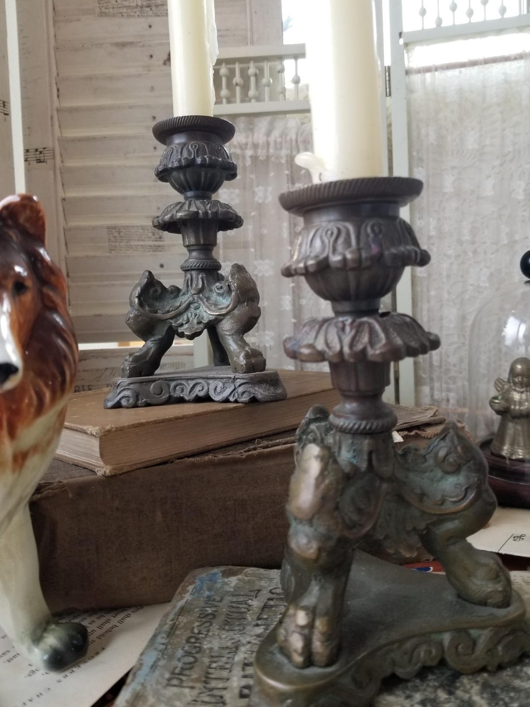 Two Heavy Brass Gothic Candlesticks. This Pair Ornate Gothic Brass ...