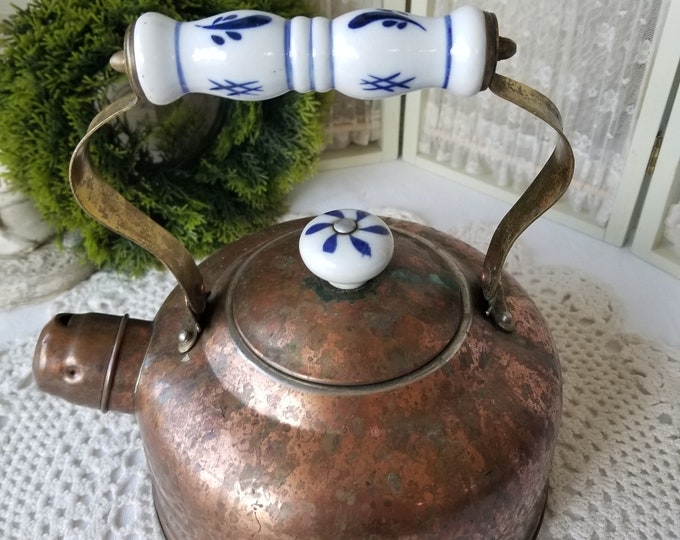 Copper Whistling Teapot Kettle Whistle Blue White Delft Style Vintage ...
