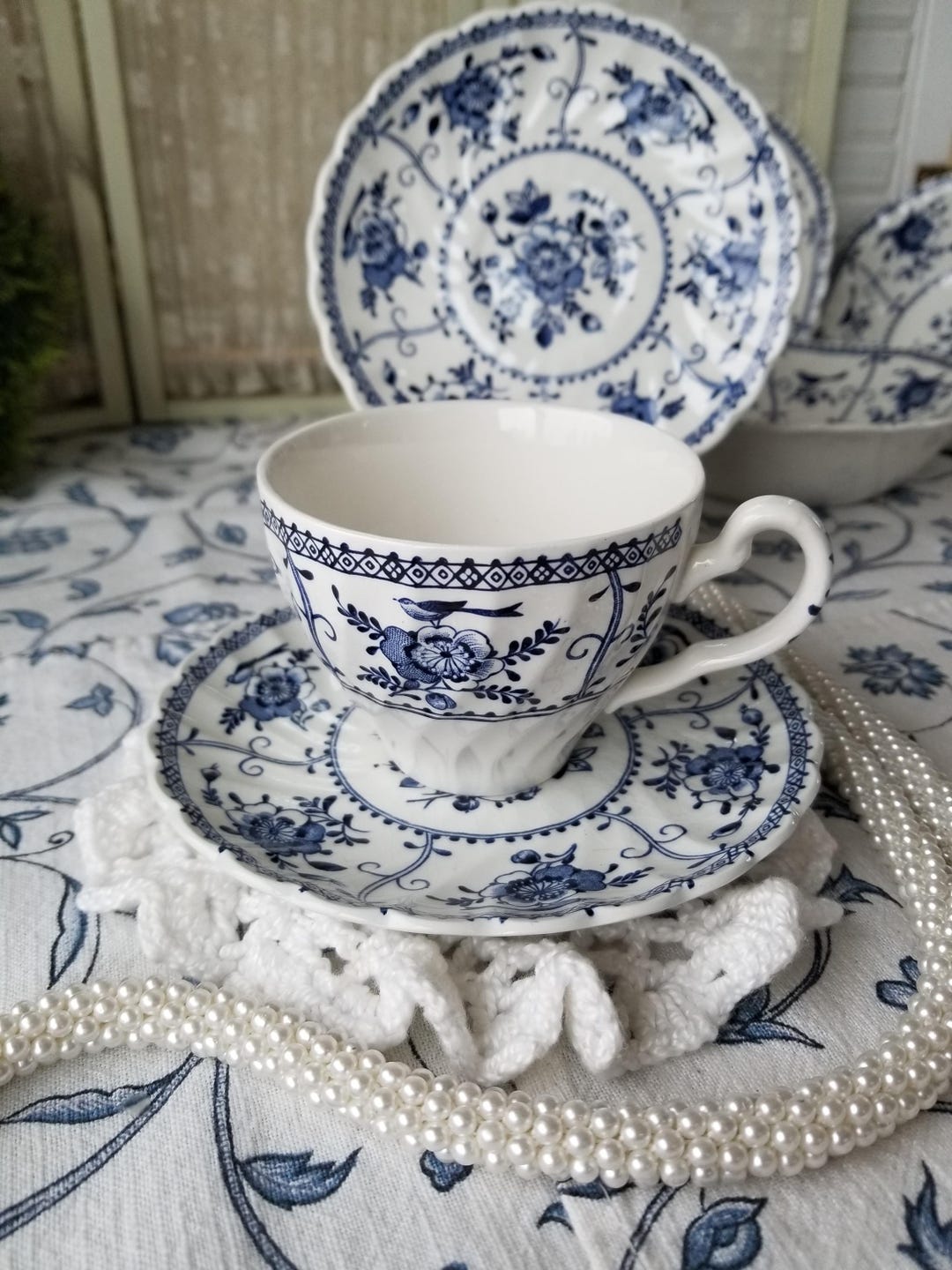 Beautiful Blue and White Johnson Brothers Ironstone Teacup and Two ...