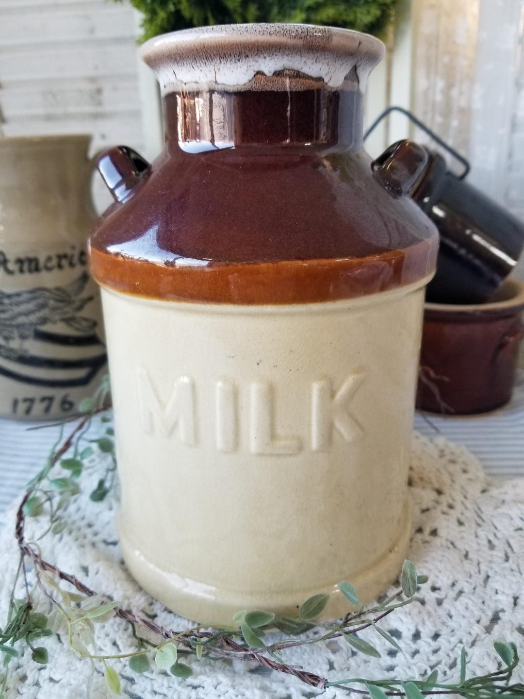 Adorable Farmhouse Milk Jug Utensil Jar. This Cream and Brown Vintage ...