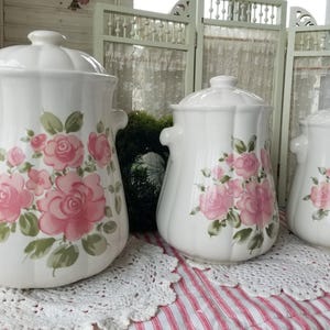 Set of 4 Vintage Cottage Core Pink White Ceramic Canisters. These Sweet ...