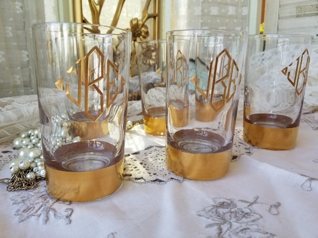 Six Exquisite Gold Gilded Monogram Highball Tumblers. With the Gold ...