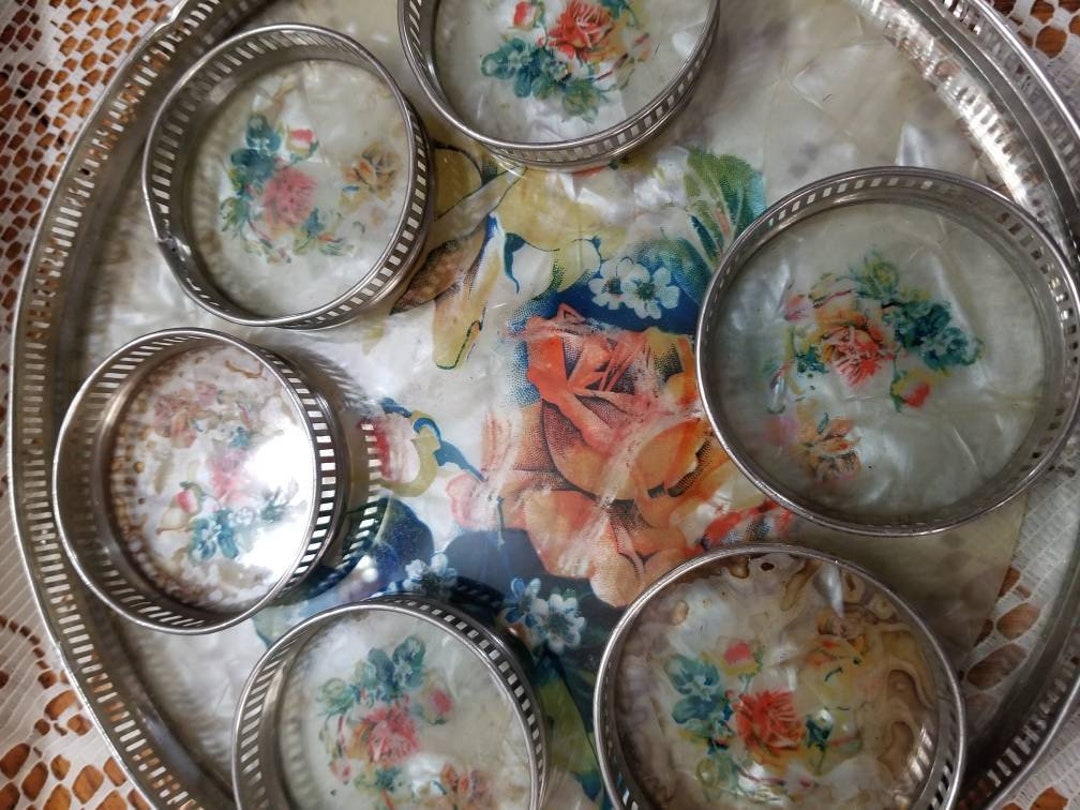 1960s Groovy Barware Coaster Set. This Glass and Metal Filigree Coaster ...