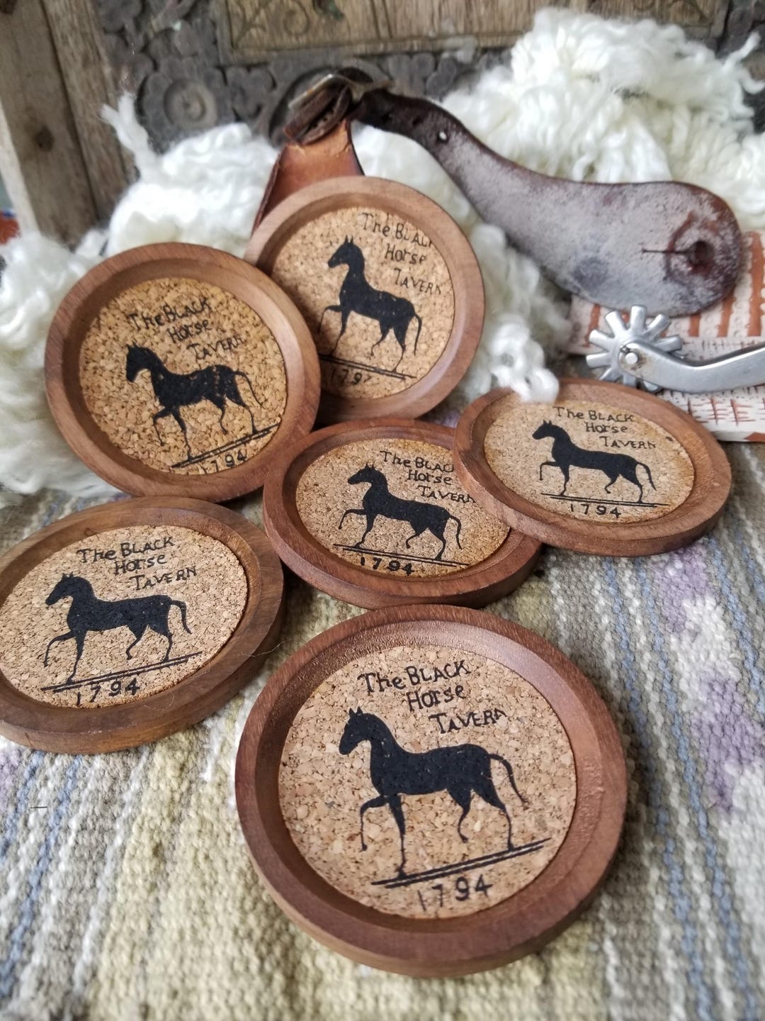 Charming Set of Six Primitive Wood Coasters From the Black Horse Inn ...