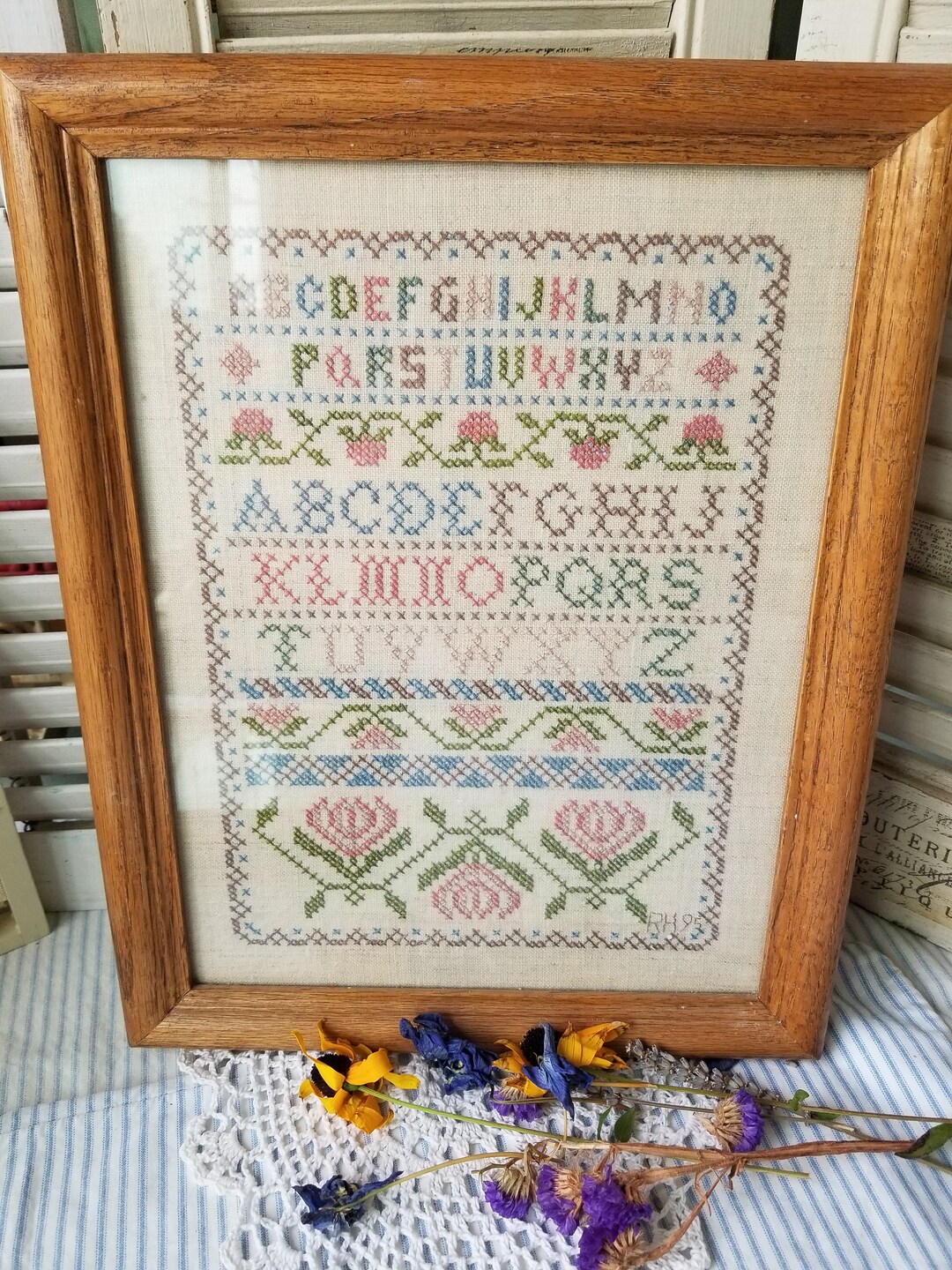 Immaculate Hand Embroidered Cross Stitch Sampler. This Pioneer Inspired ...