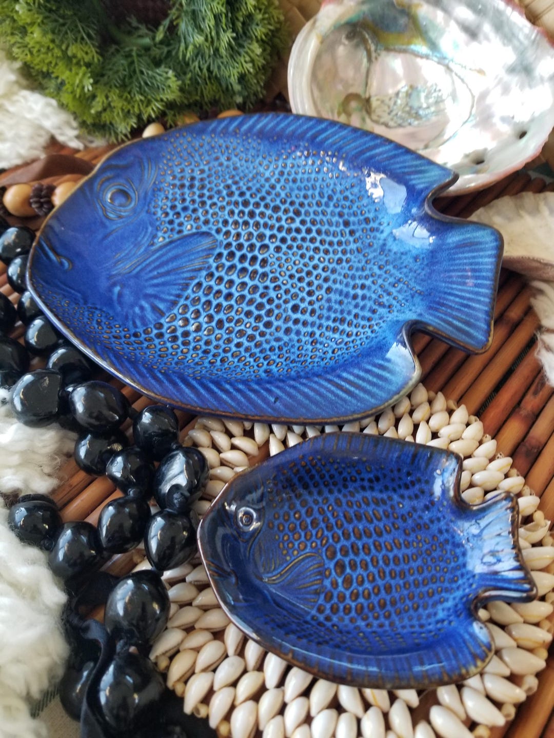 Enchanting Pair of Pottery Fish Dishes These Two Quality Pottery Blue ...
