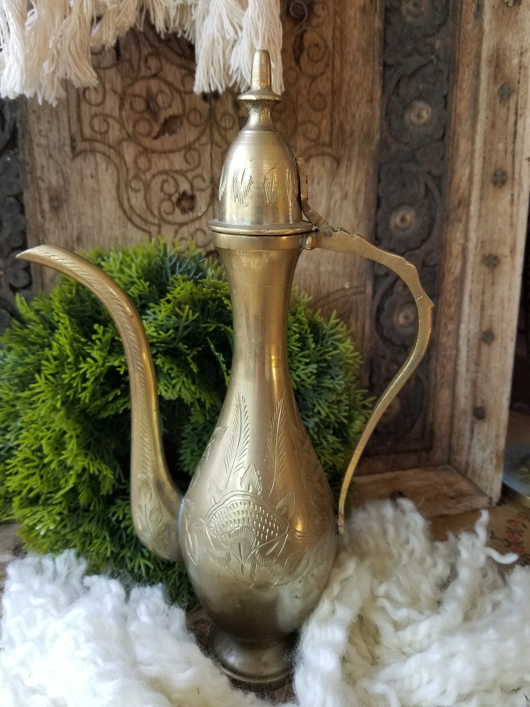 Vintage Etched Solid Brass Indian Aftaba Ewer. This Beautifully Stamped ...