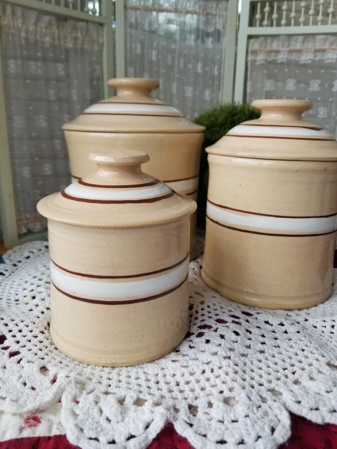 Charming Set of 3 Pottery Canisters. These 3 Primitive East Knoll North ...
