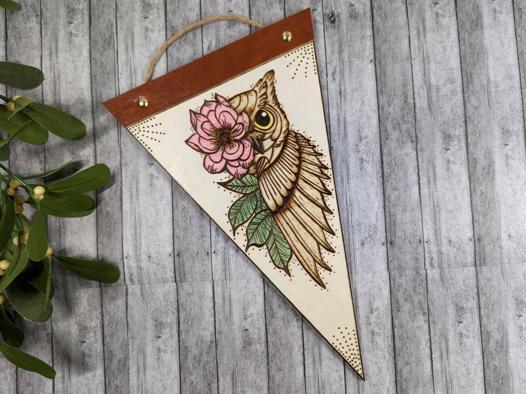 Owl and Flower Wood Burned Pennant Sign, Whimsical Front Door Accessory ...