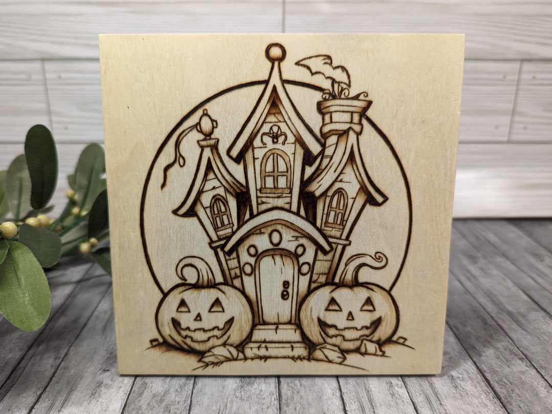 Spooky Haunted House Wood Canvas Sign, Wood Burned Halloween Decor ...