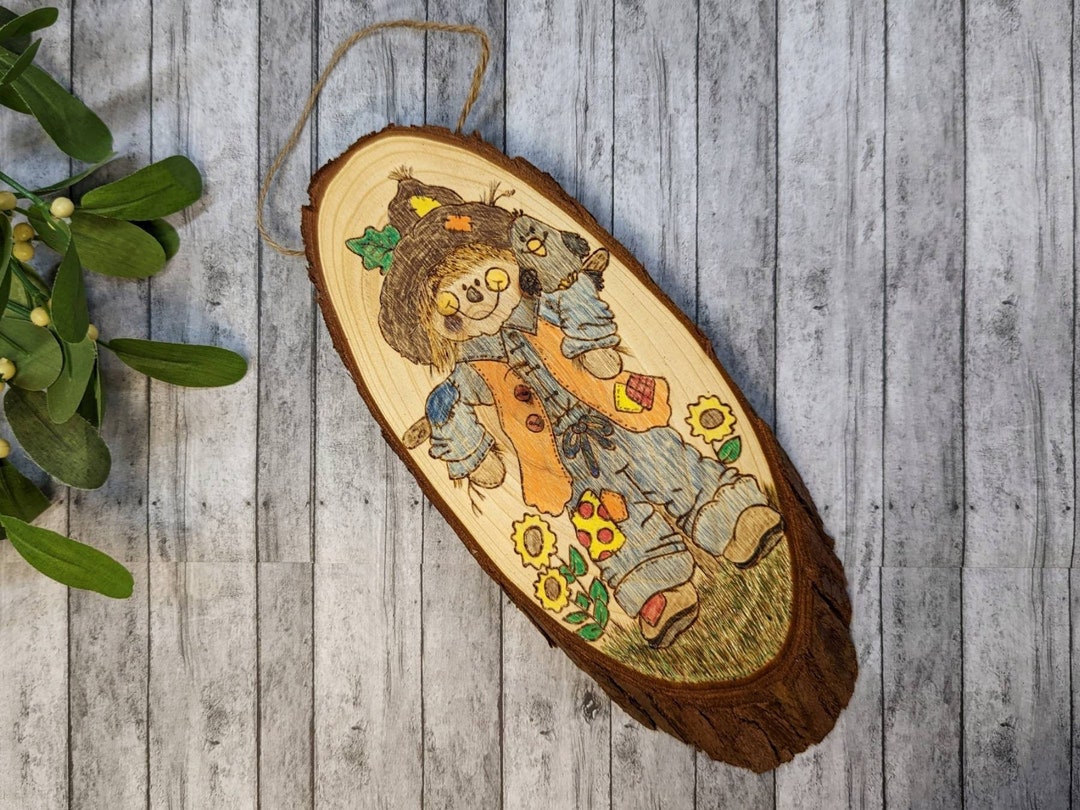 Scarecrow Autumn Front Door Decor, Wood Burned Fall Wood Slice Sign ...