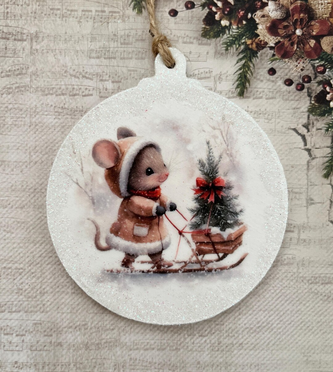 Winter Little Mouse on a Sled Wooden Bauble, Christmas Tree Ornament ...