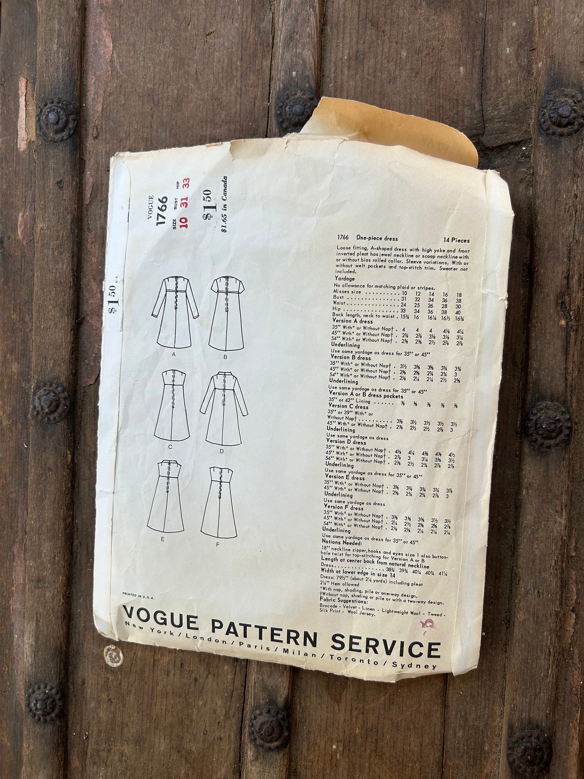 Original Vogue Dress Pattern Vintage Dress Pattern Vogue 1766 - Etsy