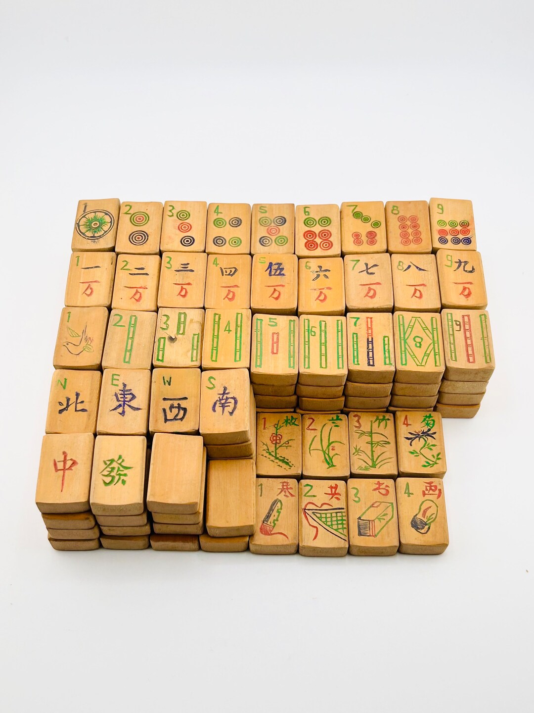 Vintage Wooden Mahjong Tile Set, Chinese Mahjong Set, 146 Tiles Mahjong ...