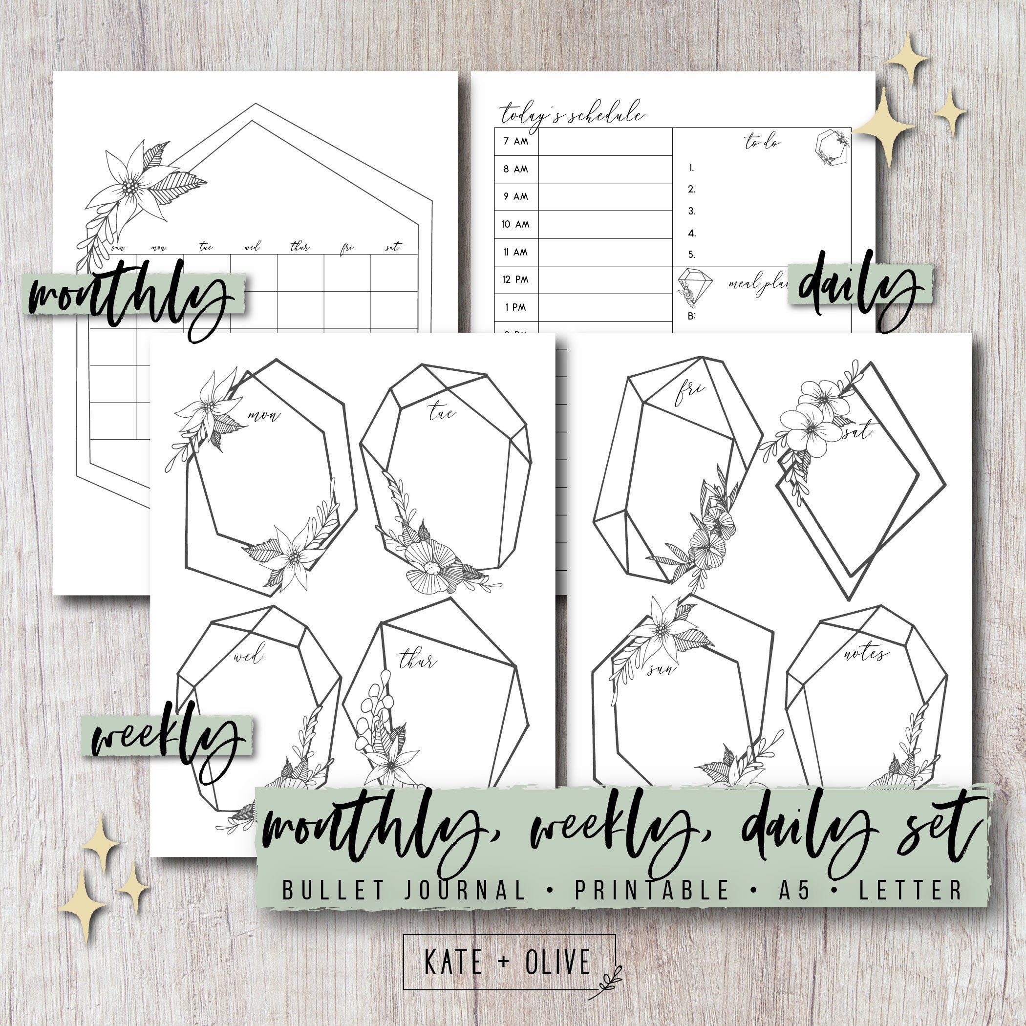 Paper Bullet Journal Printable Planner Inserts Set Geometric Floral ...