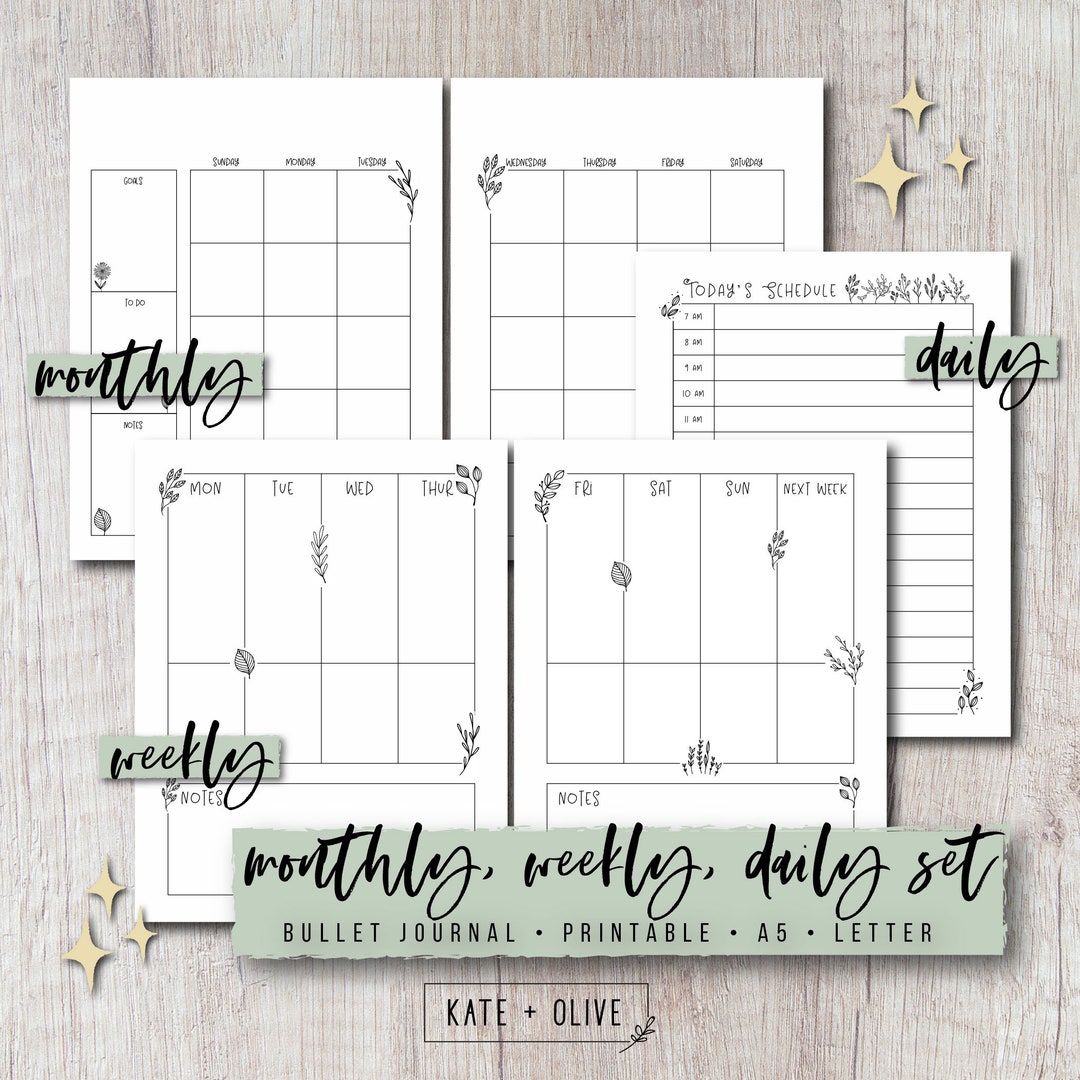 Greenery Journal Printable Planner Set - Monthly, Weekly, Daily Spread ...