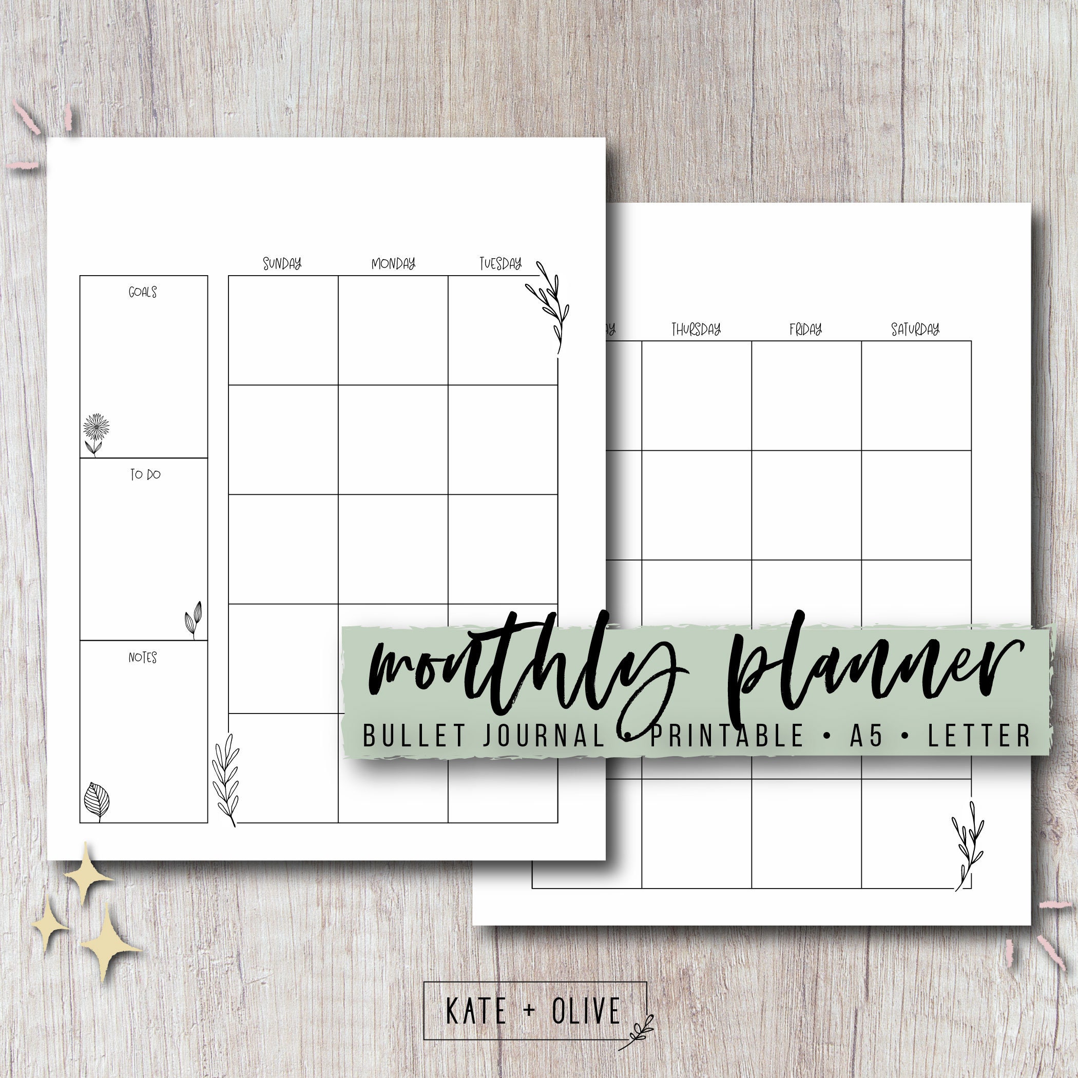 Greenery Journal Printable Planner Set - Monthly, Weekly, Daily Spread ...