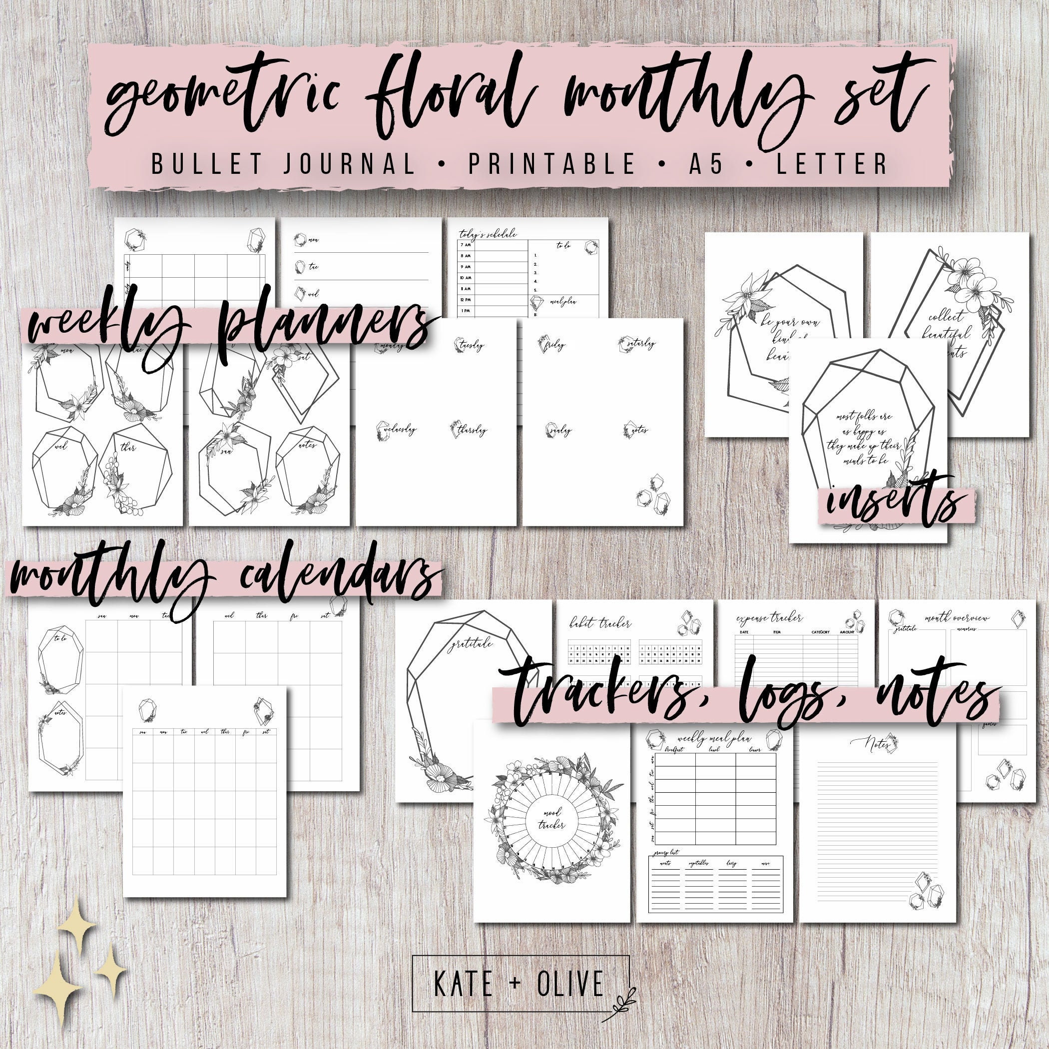 Paper Bullet Journal Printable Planner Inserts Set Geometric Floral ...