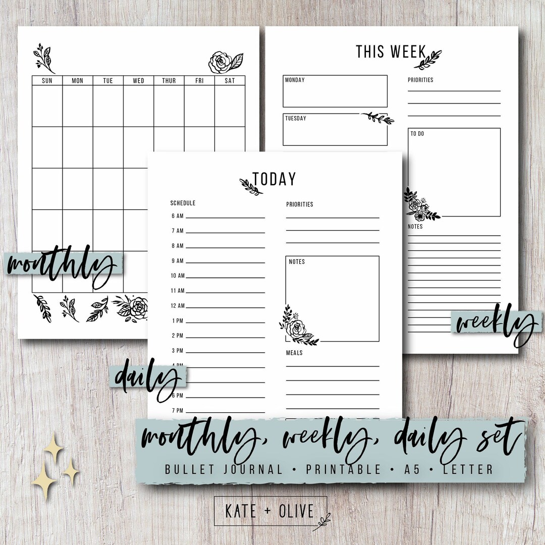 Journal Printable Planner Set - Monthly, Weekly, Daily Inserts | Floral ...